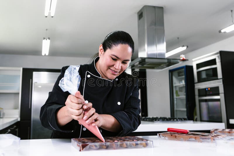 Latin Woman Pastry Chef Wearing Black Uniform in Process of Preparing ...