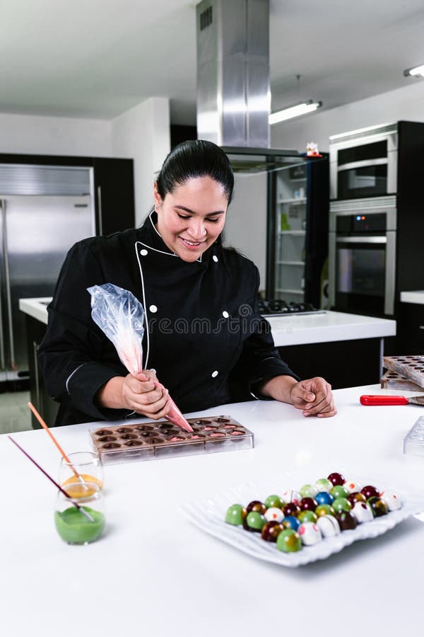 Latin Woman Pastry Chef Wearing Black Uniform in Process of Preparing ...
