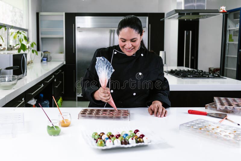 Latin Woman Pastry Chef Wearing Black Uniform in Process of Preparing ...