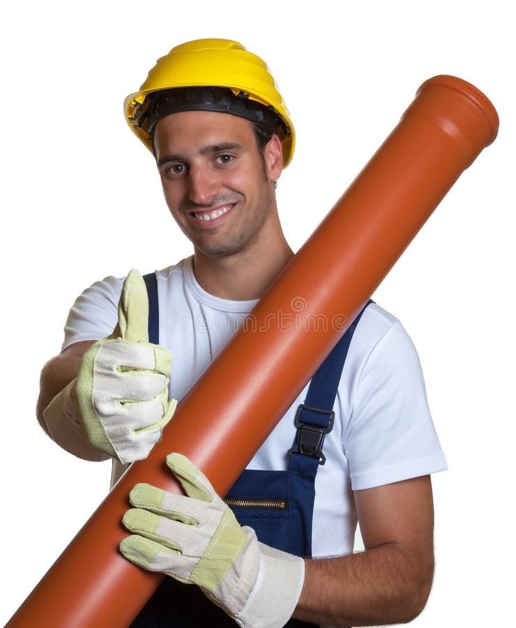 Latin Worker with Water Pipe Showing Thumb Stock Image - Image of ...