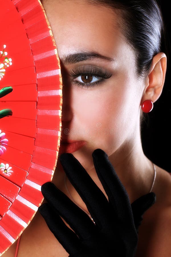 Latino Woman with Red Fan and Stock Photo - Image of girl, lady: 12410936