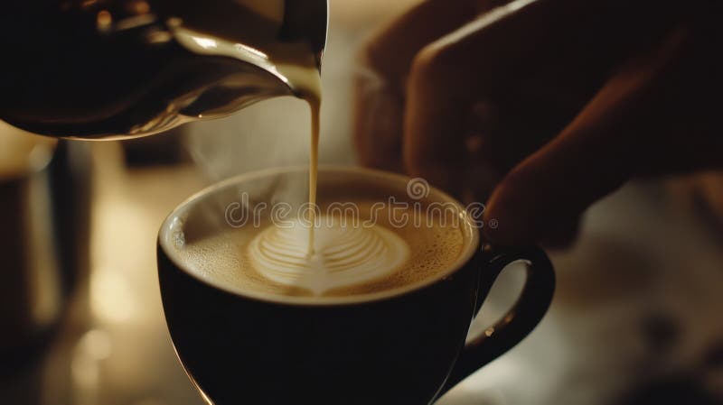 Latte Art Being Poured into a Steaming Cup of Coffee in a Cozy Setting ...