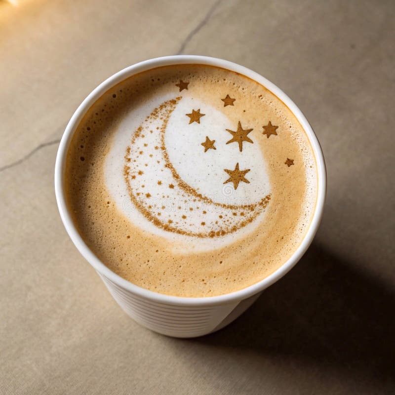 Latte Art Close Up of Crescent Moon and Stars Pattern on a Coffee in a ...