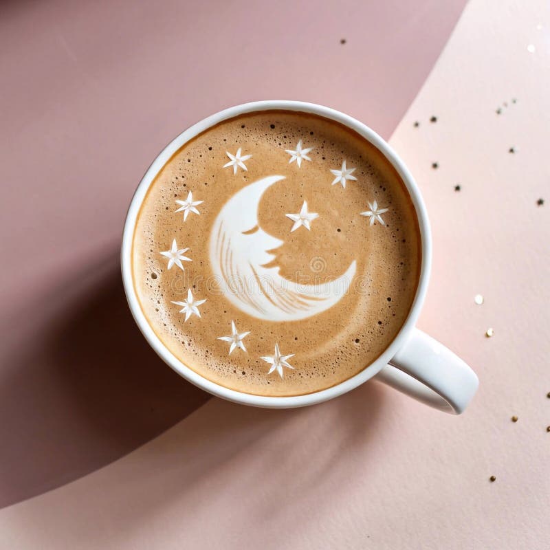Latte Art Close Up with Moon and Star Design on Coffee Surface in a ...