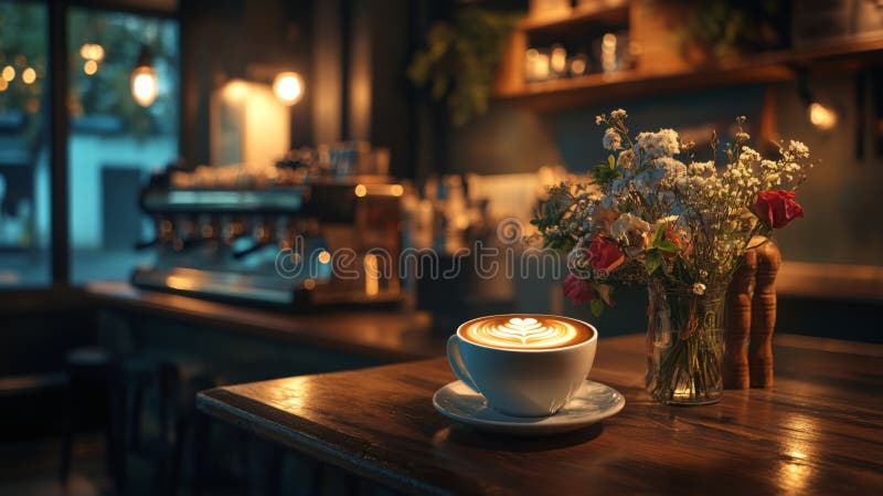 Latte Art Coffee in a Cozy Cafe Setting Stock Illustration ...
