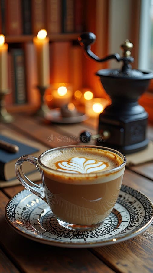 Latte Art in Cozy Ambient Setting with Vintage Coffee Grinder and ...