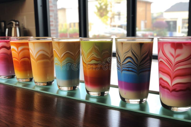 Latte Art Creations in Colorful Cups Lined Up on a Counter Stock Image ...