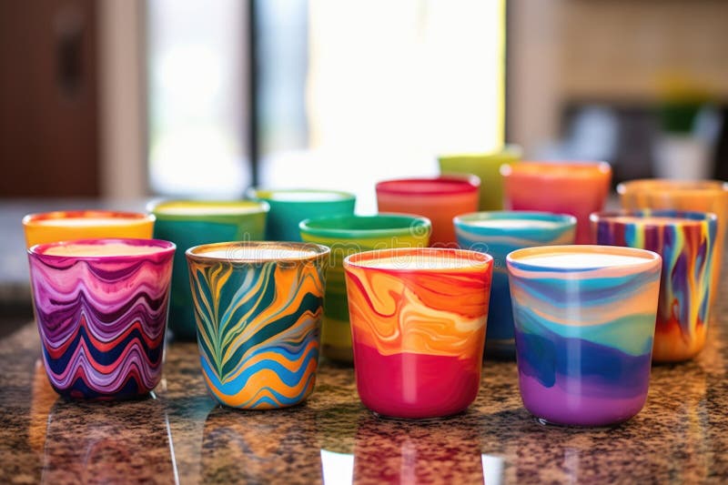 Latte Art Creations in Colorful Cups Lined Up on a Counter Stock Image ...