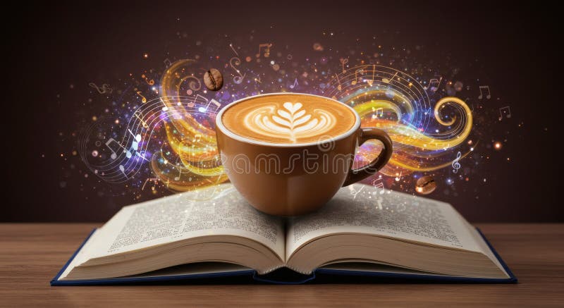 Latte Art in Cup on Open Book with Musical Notes Effect Stock ...