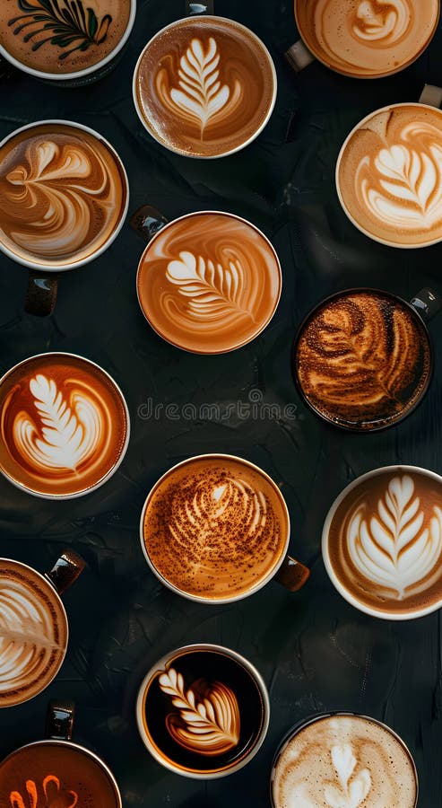 Latte Art Cups with Different Patterns and Shades on a Black Background ...