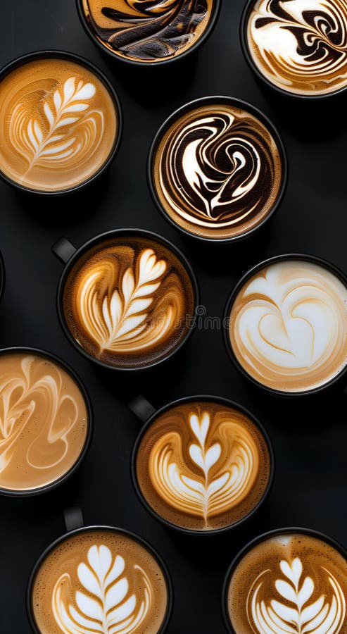 Latte Art Cups with Different Patterns and Shades on a Black Background ...