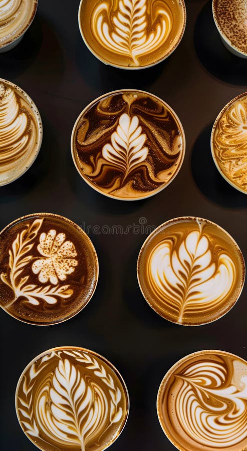 Latte Art Cups with Different Patterns and Shades on a Black Background ...