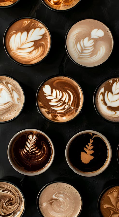 Latte Art Cups with Different Patterns and Shades on a Black Background ...