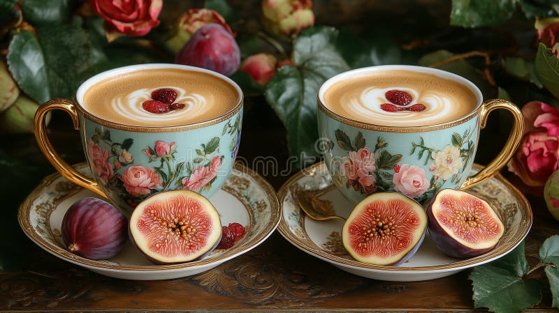 Latte Art with Figs and Roses a Delightful Morning Coffee Stock Photo ...