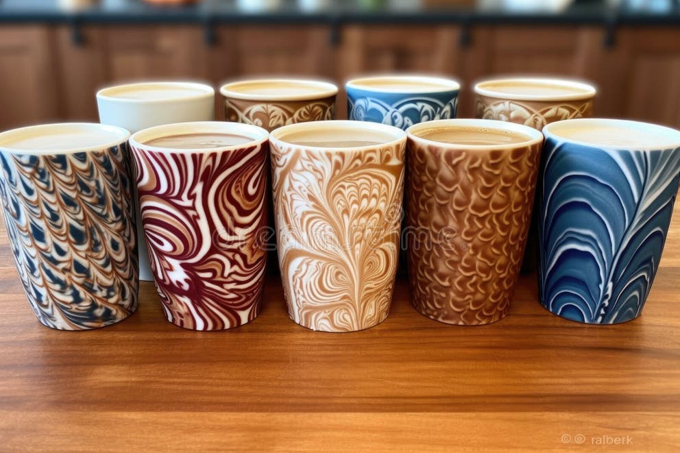 Latte Art Patterns on Multiple Coffee Cups Lined Up Stock Photo - Image ...