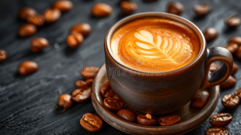Latte Art in Rustic Cup with Coffee Beans. Generative Ai Stock ...