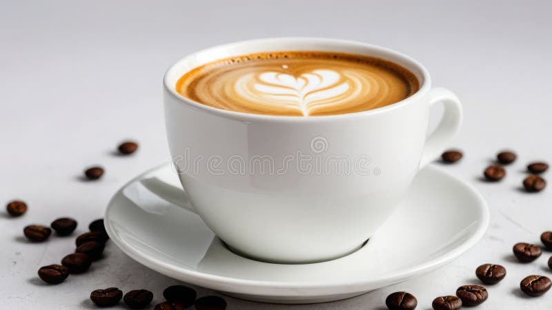 Latte Art in White Cup with Coffee Beans, Elegant Presentation Stock ...