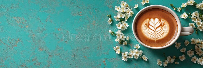 Latte Art with White Flowers on Turquoise Background. Spring Breakfast ...