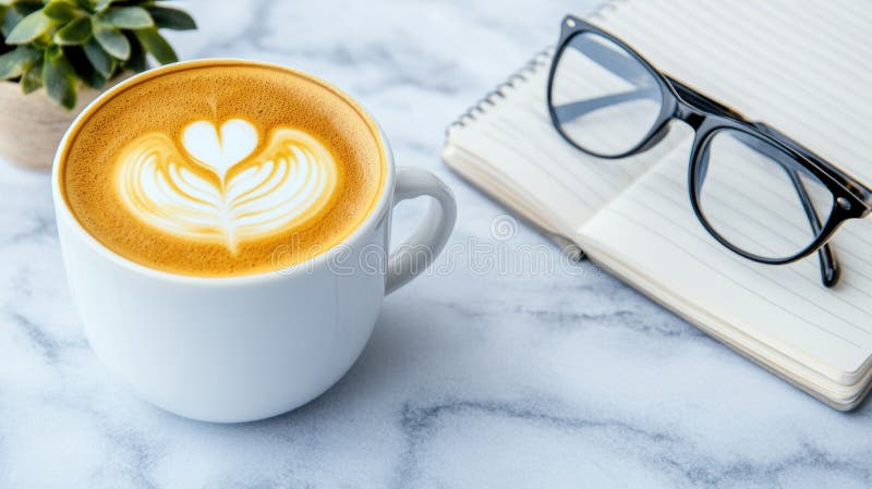 Latte Art and Workspace Essentials on a Marble Surface, AI Stock Photo ...