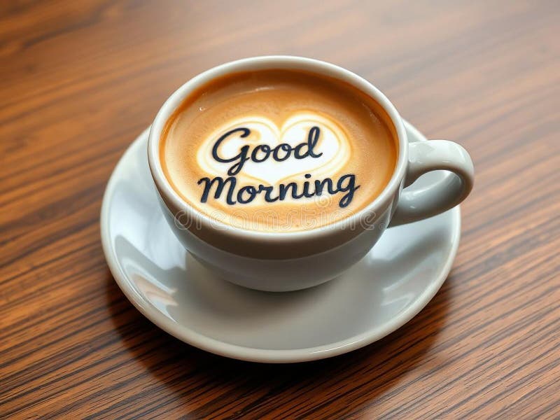 Latte Coffee with "Good Morning" Text in Heart-Shaped Latte Art Stock ...