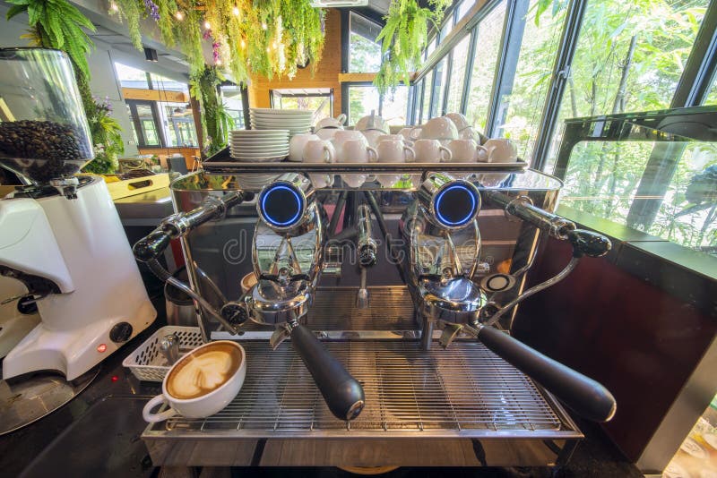 Latte Coffee with Topping Art Morning on Coffee Maker Stock Image ...