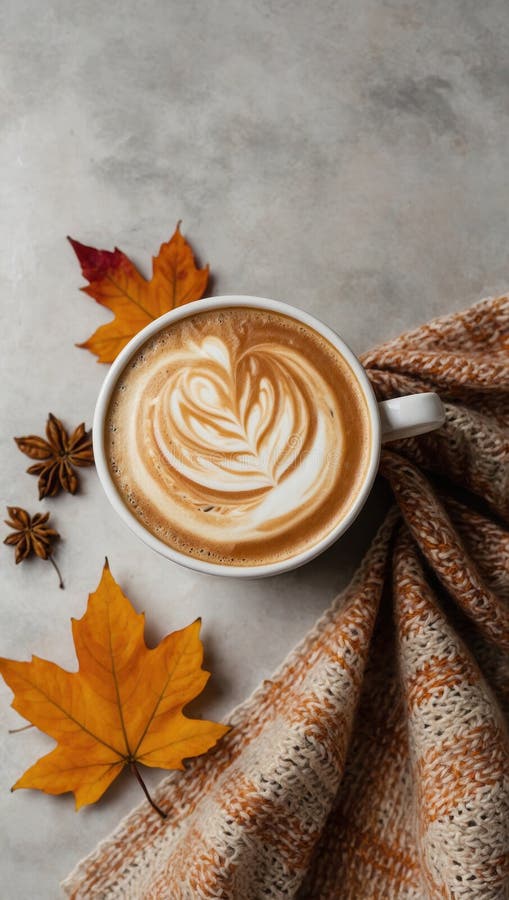 Latte with Cream and Autumn Leaves on Textured Surface in Cozy Fall ...