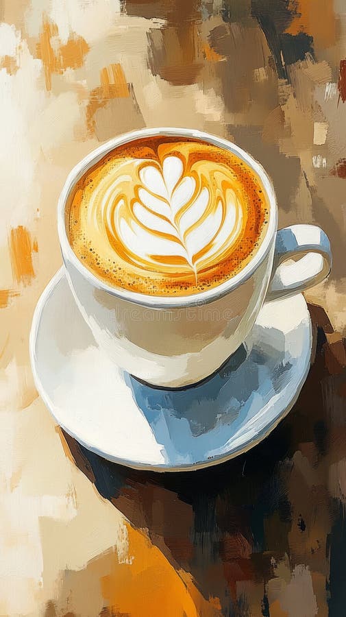 A Latte with Elegant Leaf-pattern Milk Art is Served in a White Cup ...