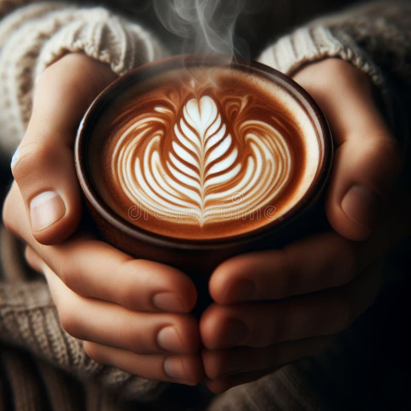 Latte Patterns on a Held Cup of Warm Coffee Stock Illustration ...