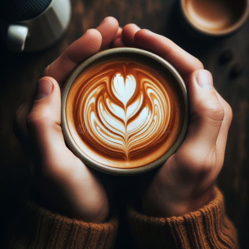 Latte Patterns on a Held Cup of Warm Coffee Stock Illustration ...