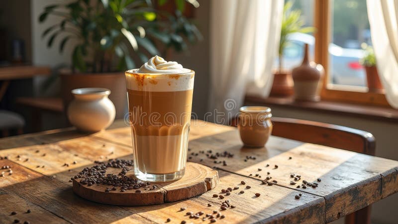 Latte Whipped Cream Rustic Wooden Table Sunlit Cafe Stock Photos - Free ...