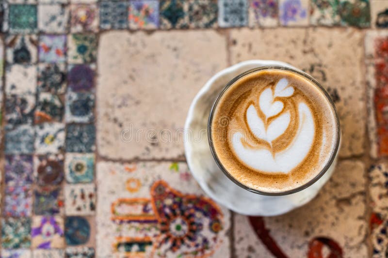 Latte White Coffee Cup with Heart Shape Art in Cafe. Top View Stock ...