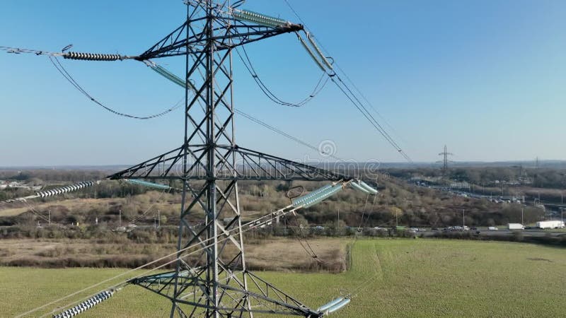 Aerial View of an Industrial High Voltage Lattice Electrical Power Line ...