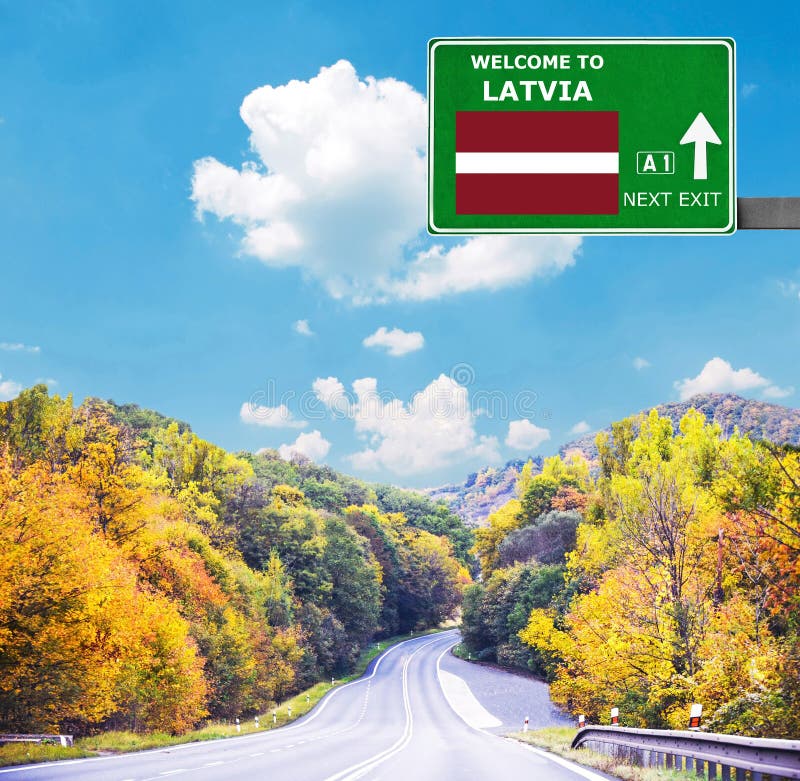 Latvia Road Sign Against Clear Blue Sky Stock Image - Image of post ...