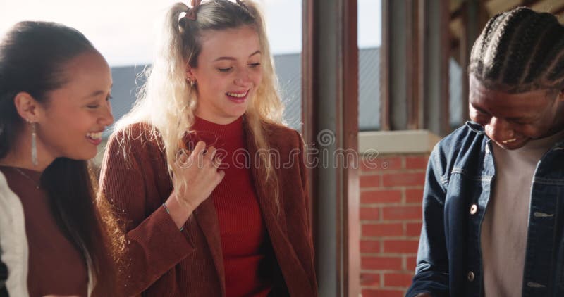 Laugh, Friends and College with Students Happy on Campus with Comic ...