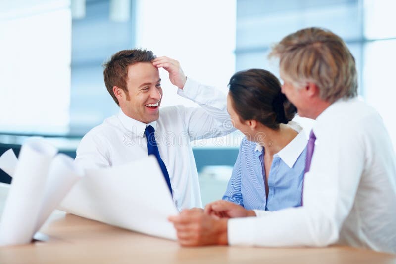 Laughing, Architect and People with Blueprint, Discussion and ...