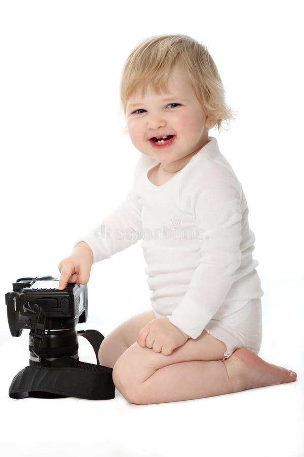 Laughing Baby with Camera Isolated on White Stock Photo - Image of face ...