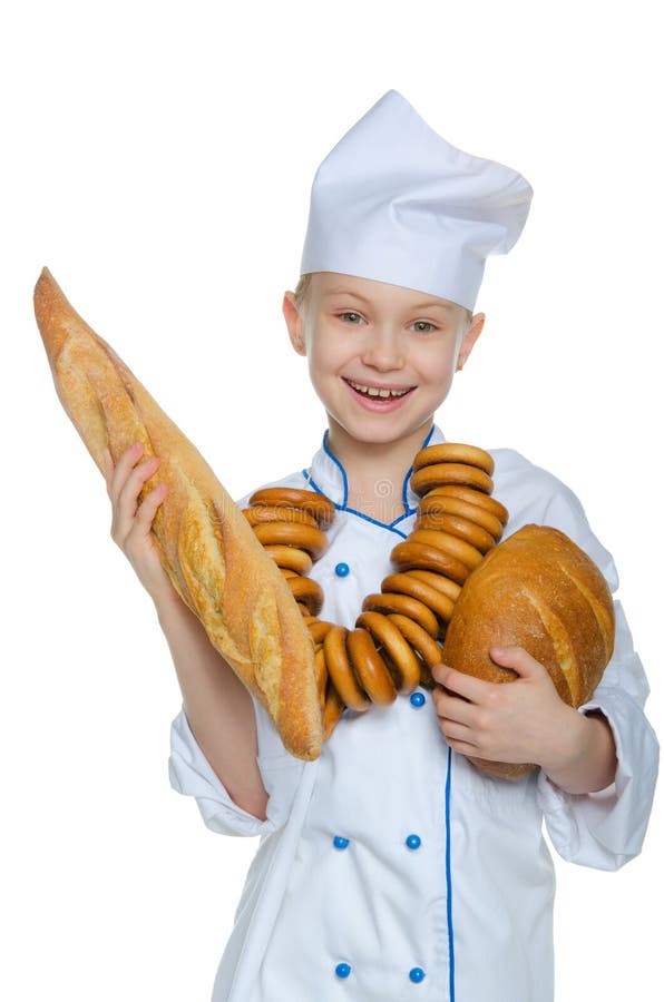 Laughing Baker with Bread and Bagels Stock Photo - Image of girl, smile ...