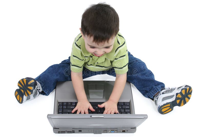 Adorable Boy Working on Laptop Over White Stock Photo - Image of ...