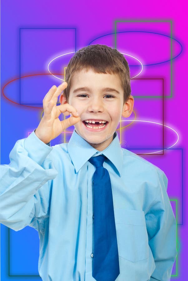 Laughing Boy Showing Okay Sign Gesture Stock Image - Image of clothing ...