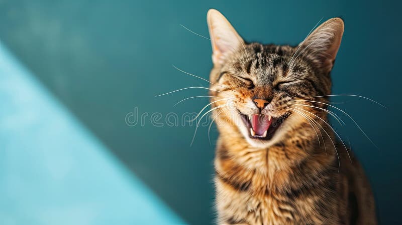 Laughing Cat on Plain Blue Background, Copy Space. Stock Photo - Image ...
