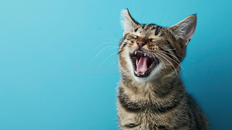 Laughing Cat on Plain Blue Background, Copy Space. Stock Photo - Image ...