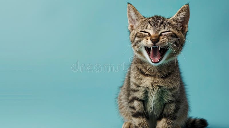 Laughing Cat on Plain Blue Background, Copy Space. Stock Photo - Image ...
