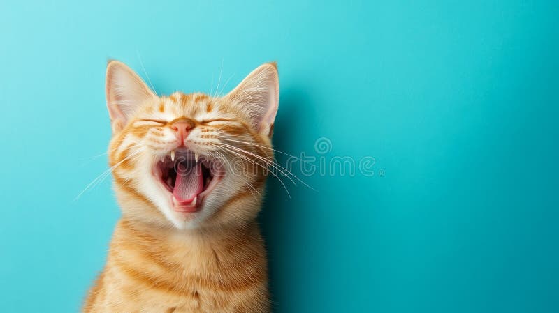 Laughing Cat on Plain Blue Background with Copy Space Stock Image ...