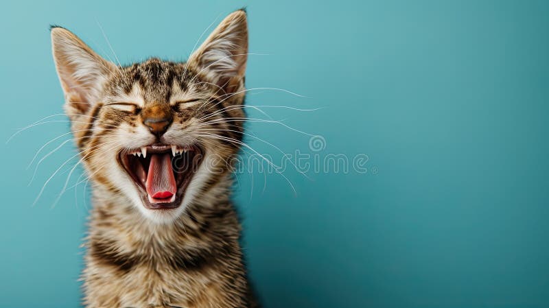 Laughing Cat on Plain Blue Background, Copy Space. Stock Photo - Image ...