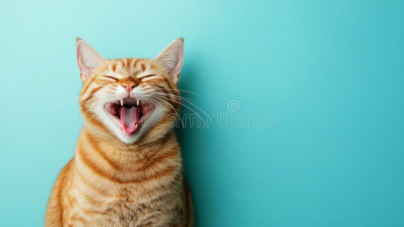 Laughing Cat on Plain Blue Background with Copy Space Stock Image ...