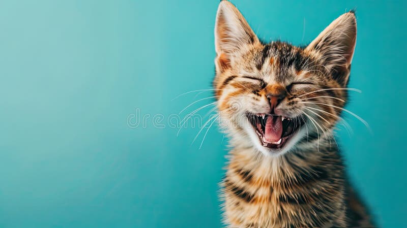 Laughing Cat on Plain Blue Background, Copy Space. Stock Image - Image ...