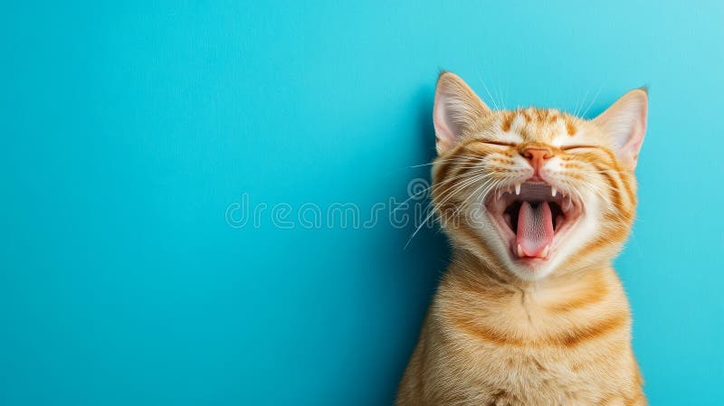 Laughing Cat on Plain Blue Background with Copy Space Stock Photo ...