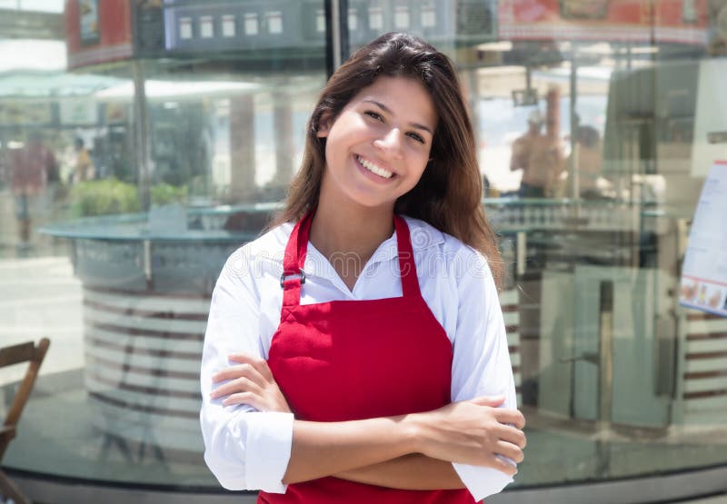Laughing Caucasian Waitress in Front of the Restaurant Stock Photo ...