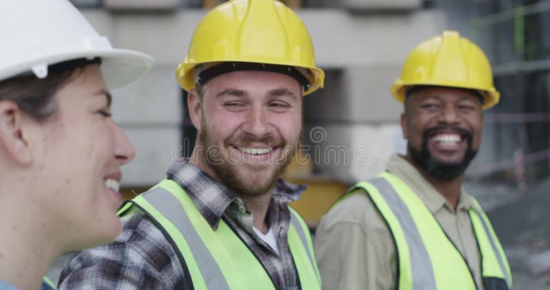 Laughing, Construction Site or Happy People in Conversation for ...