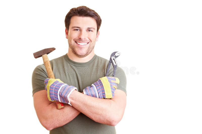 Laughing Craftsman with Tools Stock Image - Image of construction ...